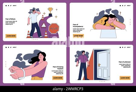 Human fears set. Scared characters confronting personal phobias ...