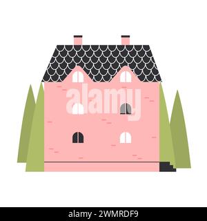 Front view of tiny village house. Countryside cozy cottage, residential ...