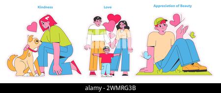 Character Strengths set. Acts of kindness to animals, familial love ...