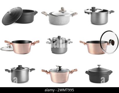 Set of many cooking pots isolated on white Stock Photo - Alamy