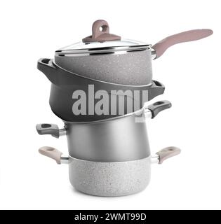 Cook with stack of pots on white Stock Photo - Alamy