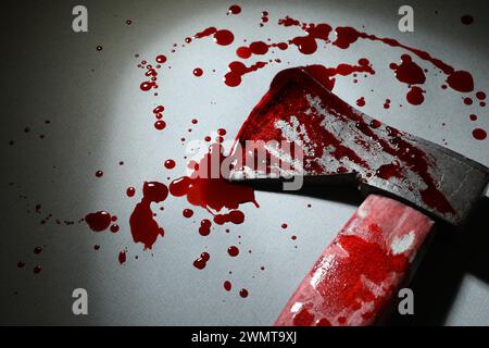 Axe with blood on gray surface, top view Stock Photo - Alamy