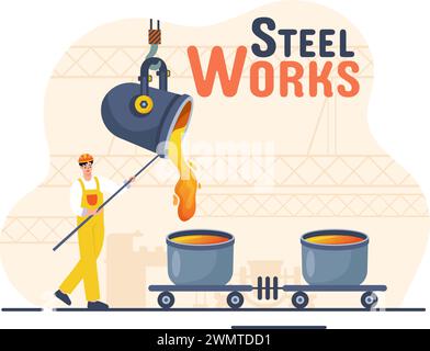 Steelworks Vector Illustration with Resource Mining, Smelting of Metal in Big Foundry and Hot ...