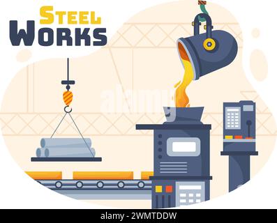 Steelworks Vector Illustration with Resource Mining, Smelting of Metal in Big Foundry and Hot ...