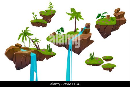 Set Flying Islands with ground and grass isolated on white background ...