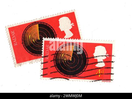 Vintage radar postage stamps from the United Kingdom isolated on a ...