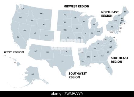 Geographic regions of the United States, political map. Five regions ...
