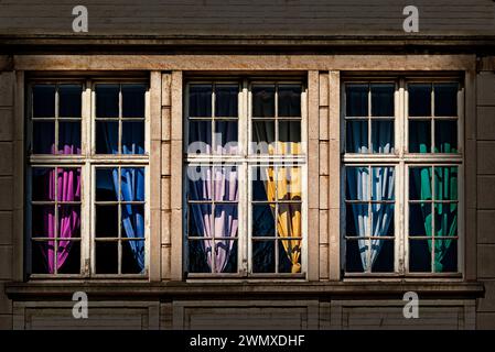 Window with curtains in primary colours, colour design, printing ...