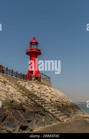 Red lighthouse on pier at Gungpyeong Hang port in Pyeongtaek, South ...