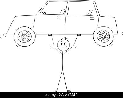Person or Businessman Lifting Car for Repair, Vector Cartoon Stick ...