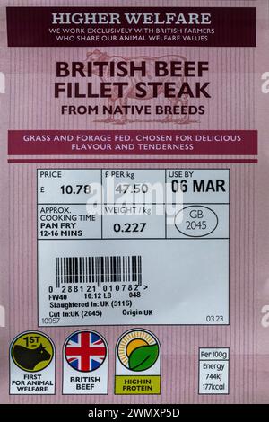 First for Animal Welfare, British Beef, High in Protein symbols on pack ...
