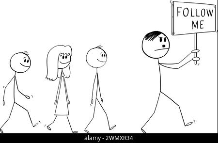 Leader Walking With Follow Me Sign, Vector Cartoon Stick Figure ...