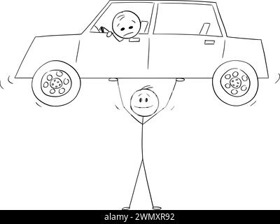 Person or Businessman Lifting Car for Repair, Vector Cartoon Stick ...