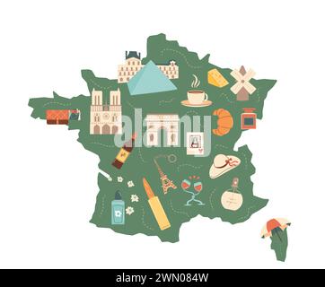 French culture elements and landmarks, flag and map of France, food ...