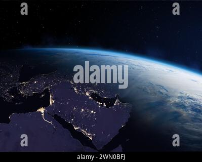 Night satellite view of the Arabian Peninsula. Illuminated cities and ...