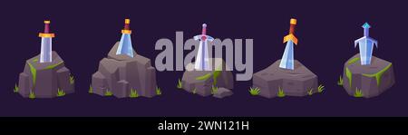 Magic swords stuck in stone. Symbol of medieval legend of Excalibur ...