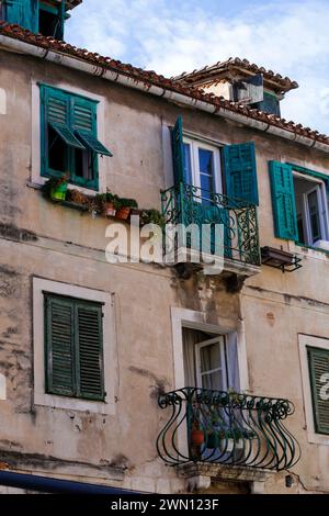Upper stories of stone medieval residential buildings, with picturesque ...