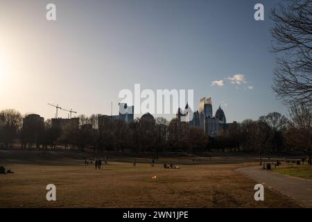 Panoramic view of Atlanta skyline during sunset shot from Piedmont Park ...