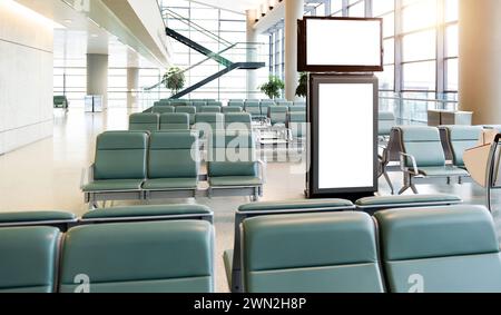 Digital billboard blank with chair on wooden background Stock Photo - Alamy