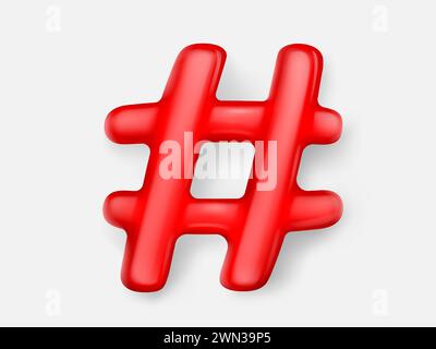 3d red hashtag symbol icon. Realistic vector illustration of social ...