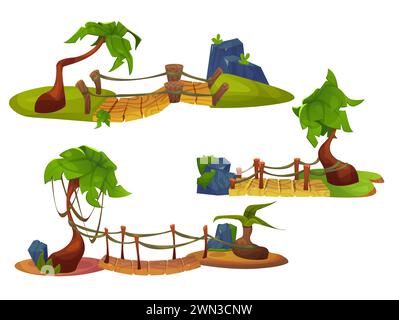 Rope bridge hanging between edges of dangerous rock cliff with ...