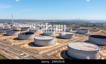 Portugal Sines oil terminal storage tanks, aerial view, oil and gas ...
