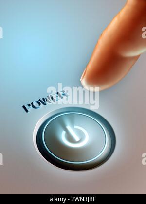 Hand with finger pressing on button. Red power or start button. Man ...