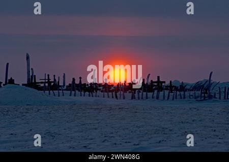 Sunset over graveyard site marked by whale rib bones outside the oldest ...
