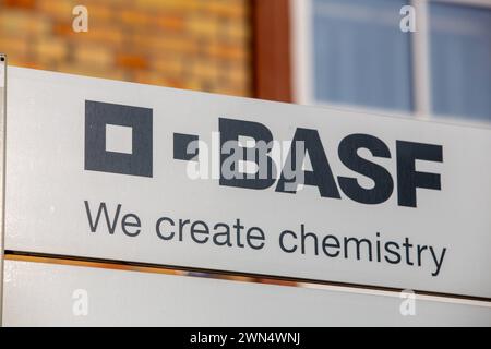 February 2024: BASF sign at the entrance to the main plant in ...