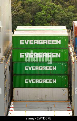 EVERGREEN brand of shipping container on semi trailer towed by haulage ...