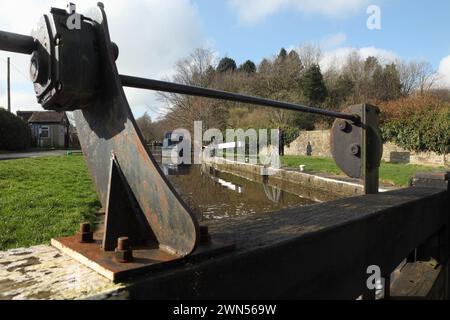 Narrow boat negotiating Higherland Lock no.32 on the Leeds & Liverpool ...