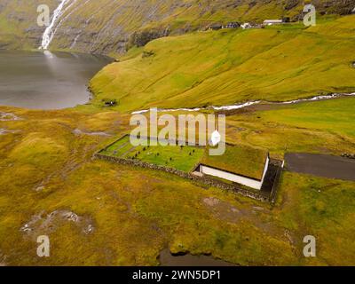 Aerial view of Saksun church and scenery of the Faroe islands Stock ...