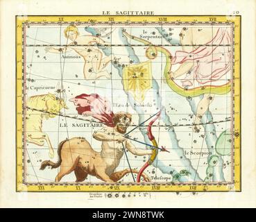 Vintage 18th century star map and chart with zodiac symbols. Sun, moon ...