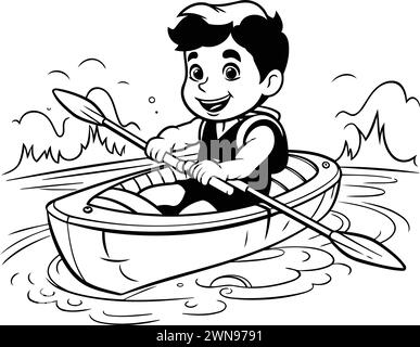 Boy rowing in a canoe. Black and white vector illustration Stock Vector ...