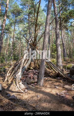 View of a wooden teepee in the forest Bois de Serre, Edge of the woods ...