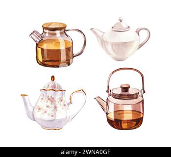 Beautiful glass teapot and cup of tea with dog roses flowers ...