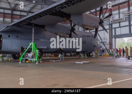 A C-130J Super Hercules is lifted using an electronic jacking and ...