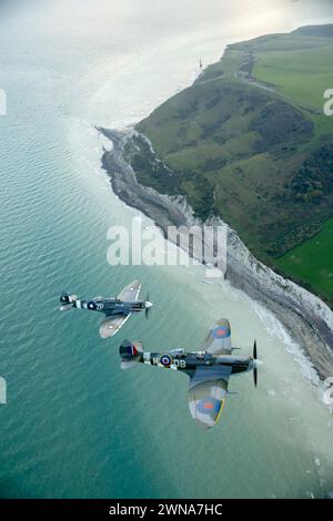 28/10/22 Spitfire ML295 (nearest) is escorted over Beachy Head by a ...