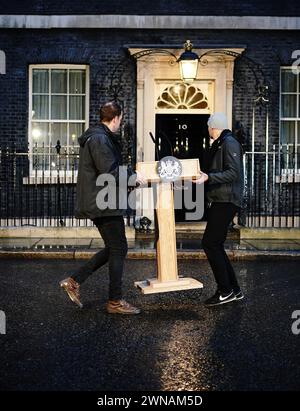 A lectern is placed outside 10 Downing Street, London, ahead of press ...