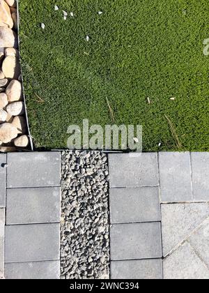 Modern Landscaping with Artificial Turf, Pebble Path, and Pavers Stock ...