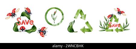 Set of watercolor illustrations of various garbage recycling signs with ...