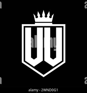 VV Letter bold monogram with shield and crown outline shape with black and white color design ...