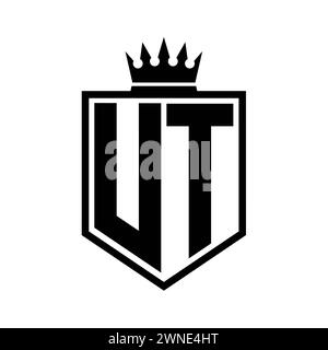 UT Letter Logo monogram bold shield geometric shape with crown outline black and white style ...