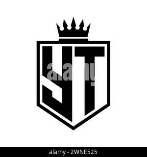 YT Letter Logo monogram bold shield geometric shape with crown outline black and white style ...