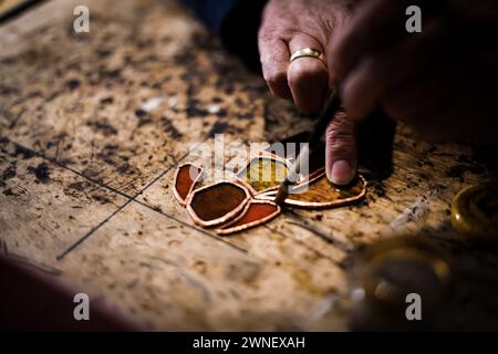 Stained glass workshop. Close up Stock Photo - Alamy