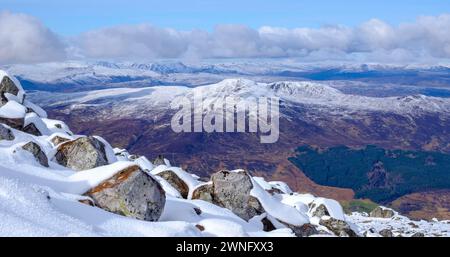 view from Schiehallion towards the snow-capped hills of Scottish ...