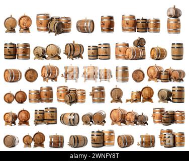 Big collage of wooden barrels on white background Stock Photo - Alamy