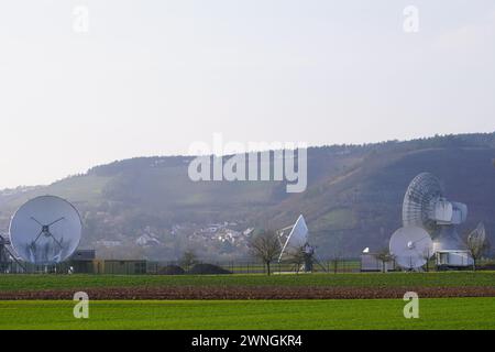 The earth station with its around 80 parabolic antennas is part of one ...