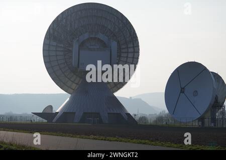 The earth station with its around 80 parabolic antennas is part of one ...