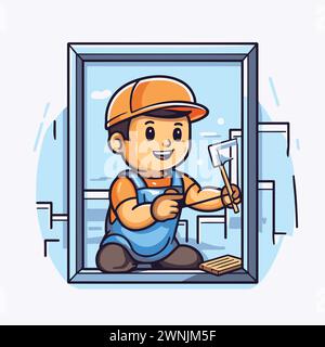 Cartoon illustration of a handyman cleaning window with a squeegee ...